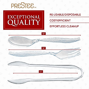 Prestee 15 Piece Transparent Plastic Disposable Serving Utensils Set - 10" Spoons, Tongs, Forks - Disposable Serving Trays and Platters for Kitchen Dining, Buffet Cutlery Sets, Serving Trays (15pk)