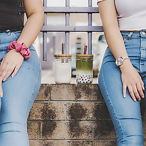 Glass Cups Set(4 Pack) 16oz Wide Mouth Mason Jar Drinking Glasses with Lids & Straws & 2 sealing Lids, Reusable Boba Bottle, Iced Coffee Glasses, Travel Tumbler for Bubble Tea, Juice