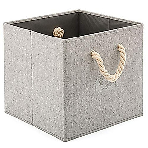 EZOWare [Set of 4] Foldable Fabric Storage Cube Bins with Cotton Rope Handle, Collapsible Resistant Basket Box Organizer for Shelves Closet Toys and More – Gray 12x12x12 inch