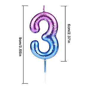 SAVITA 2.37 Inch Numeral Birthday Candle, Number Candle Purple to Blue Gradient Color Glitter Cake Topper for Birthday Party Anniversary Wedding (Number 3)