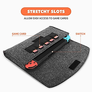FYY for Nintendo Switch/Switch OLED Carrying Case, Portable Travel Carrying Pouch Ultra Slim Felt Bag with 5 Game Cartridges Holders for Nintendo Switch 2017/Switch OLED 2021 Grey