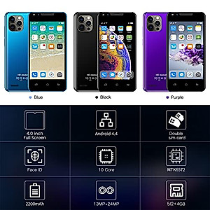 Unlocked Cell Phones, Android 10.0 Smartphones HD Full Screen Phone, Dual SIM Unlocked Cellphones, 512M+4G RAM 4.0 inch Touch Screen Mobile Smart Phone for Father Childrens Birthday Gift (Black)