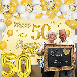 50th Golden Wedding Anniversary Decorations - Happy 50th Anniversary Gold and White Balloon Arch Kit with Backdrop, Cake Topper, Foil Balloons for Cheers to 50th Anniversary Party Supplies