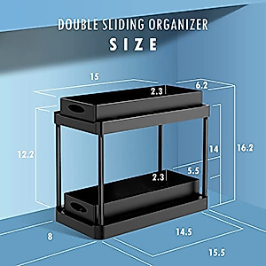 2 Tier Under Sink Organizers and Storage with 2 Sliding Drawers, Bathroom Organizer Under Sink Shelf, Multi-use Under Sink Storage Kitchen Basket with Hooks & Hang Cups for Countertop Cabinets