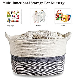 JIA QAQ Square Cotton Rope Samll Baskets With Handles for Nursery, Toys, Household, Handcrafted Woven Gift Baskets for Storage and Organization,13.5x11x9.5inch (white-grey)
