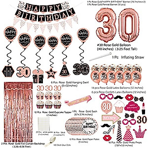 30th birthday decorations for her - (76pack) rose gold party Banner, Pennant, Hanging Swirl, birthday Balloons, Foil Backdrops, cupcake Topper, plates, Photo Props, Birthday Sash for women gift