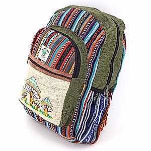 Unique Mushroom Embroidered Tie Dye Himalaya Hemp Large Hippie Backpack Festival Backpack FAIR TRADE Handmade with Love. (GREEN)