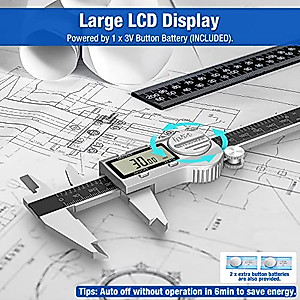 Raynesys Digital Caliper with Absolute Value Function 0-6" Inch/MM/Fraction Conversion, Stainless Steel Electronic Diameter Measuring Tool with Large LCD Screen, IP54 Waterproof Protection, Auto-Off