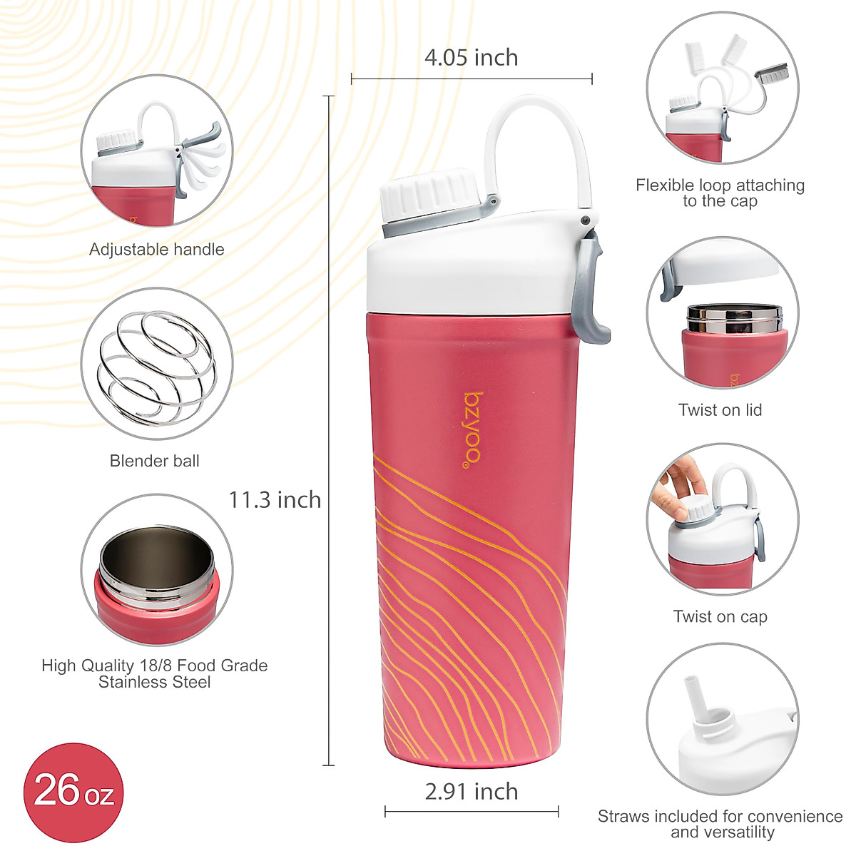 bzyoo 26oz Double-Walled Stainless Steel Insulated Tumbler with Straw Leak Proof Ideal for Smoothies, Ice Tea or Coffee Includes Mixer Ball BPA Free - Organica Red