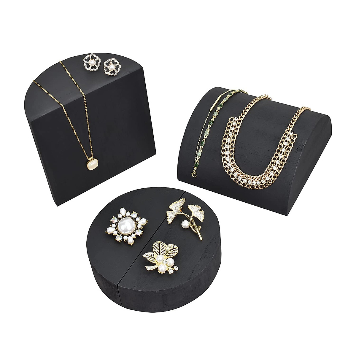 MOOCA 4 Pcs Lightweight Wooden Jewelry Display Riser Set for Bracelets, Earrings, and Necklaces, Multiple Combinations for Countless Display Styles, Black Color