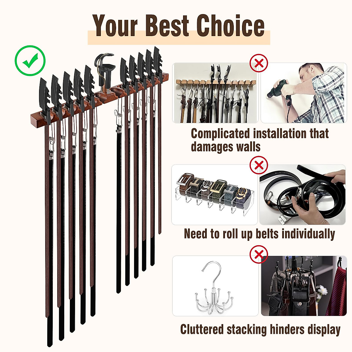 Gumilyo Belt Hanger for Closet, Alder Wood/ 12 Slots + 10 Hooks, Belt Rack, Versatile Belt Organizer Also for Ties (Brown)