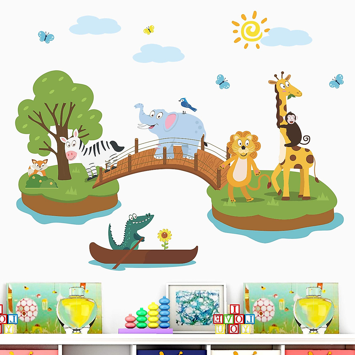 Removable 3D Giant Jungle Animals Lion Elephant Bird Fox on The Bridge Wall Decals Tree Wall Sticker Art Decor for Kids Boys Baby Children Bedroom Living Room Bathroom Classroom Playroom Nursery