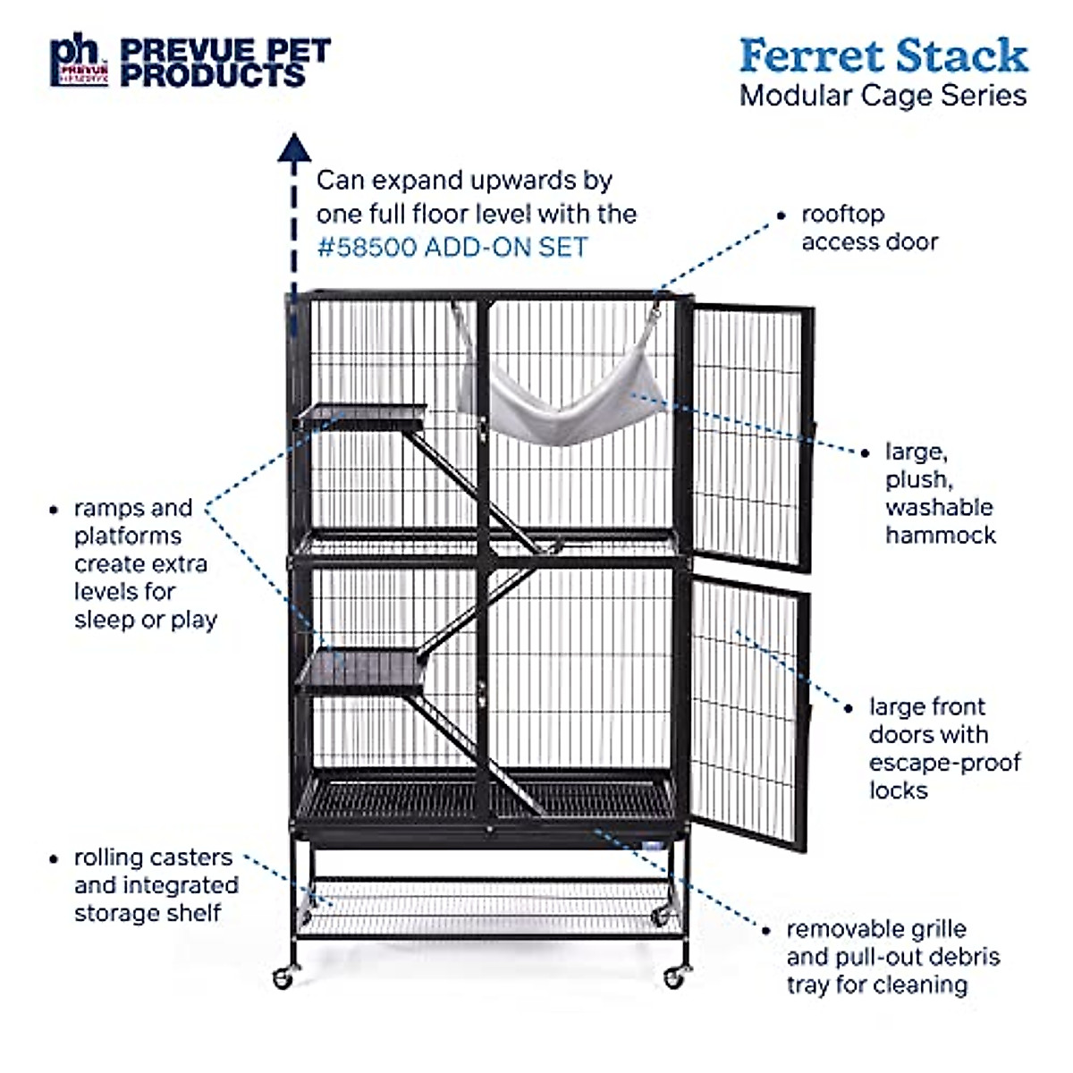 Prevue Pet Products Ferret Stack Two Story Ferret Home with Portable Stand, Escape Proof Lock, Hammock, Ramps, Expandable Add-On Cage Stacking System