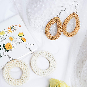 Rattan Earrings Hoops For Women Large Woven Handmade Straw DIY Teardrop Circle Bohemian Style Clip Lightweight Disc Wickers