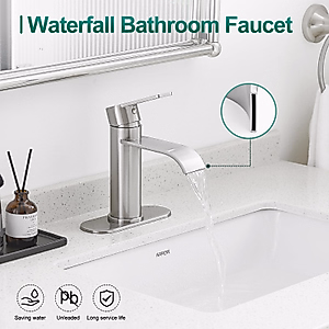 VOTON Brushed Nickel Bathroom Faucets, Single Handle Bathroom Sink Faucet Modern Waterfall Bathroom Faucet 1 or 3 Holes with Deck Plate, Rv Camper Farmhouse Utility Remodel Mixer Tap Washbasin Faucet