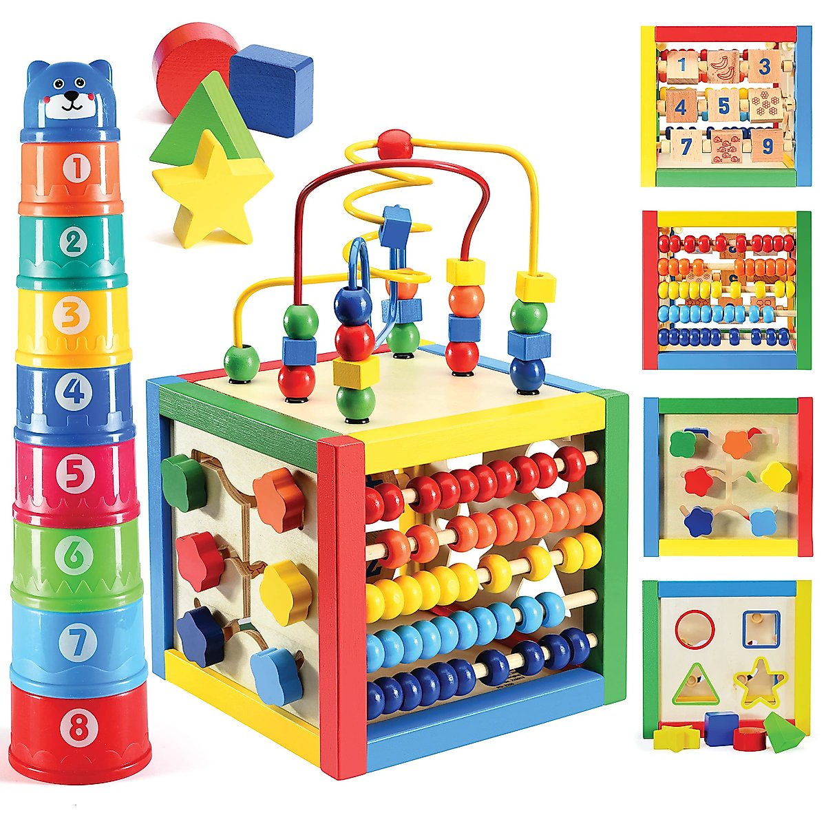 Wooden Activity Play Cube 6 in-1 for Baby with Removable Bead Maze, Shape Sorter, Abacus Counting Beads & Numbers, Sliding Shapes, 8Pcs Stacking Cups – Play22