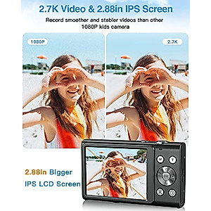 Digital Camera, Zostuic 2.7K 48MP Autofocus Kids Camera with 32 GB Card 16X Zoom Compact Portable Mini Toys Cameras Christmas Birthday Festival Gift for Kid Children Teens Girls Boys(Black)