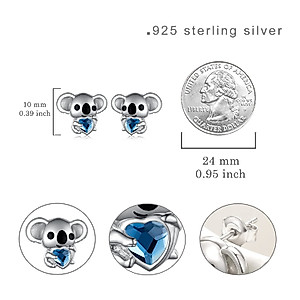 Koala Earrings 925 Sterling Silver Cute Koala Bear Heart Crystal Earrings Small Animal Stud Earrings for Women