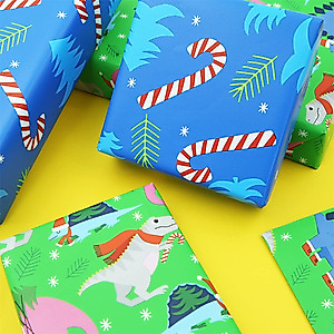 Dinosaur Wearing Santa Hats Christmas Double Side Reversible Wrapping Paper 4 Sheets Folded Flat 20x30 inches per sheet, Dinosaur T-rex Gift Wrap For Kids Girls Boys Men Women Unique Xmas Decorative Paper and Birthday Holiday
