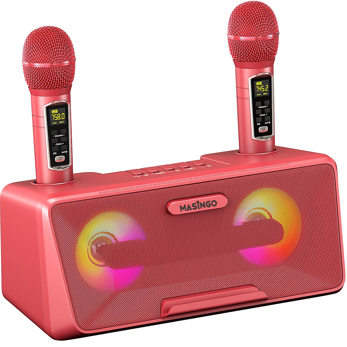 MASINGO Karaoke Machine for Adults and Kids with 2 Wireless Microphones, Portable Bluetooth Singing Speaker, Colorful LED Lights, PA System, Lyrics Display Phone Holder, and TV Cable. Presto G2 Pink
