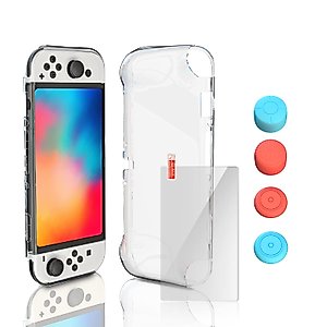 TPU Case Cover for Switch OLED, Clear Protective Case Compatible with Nintendo Switch OLED Model with Tempered Glass Screen Protector and Thumb Stick Caps - Clear