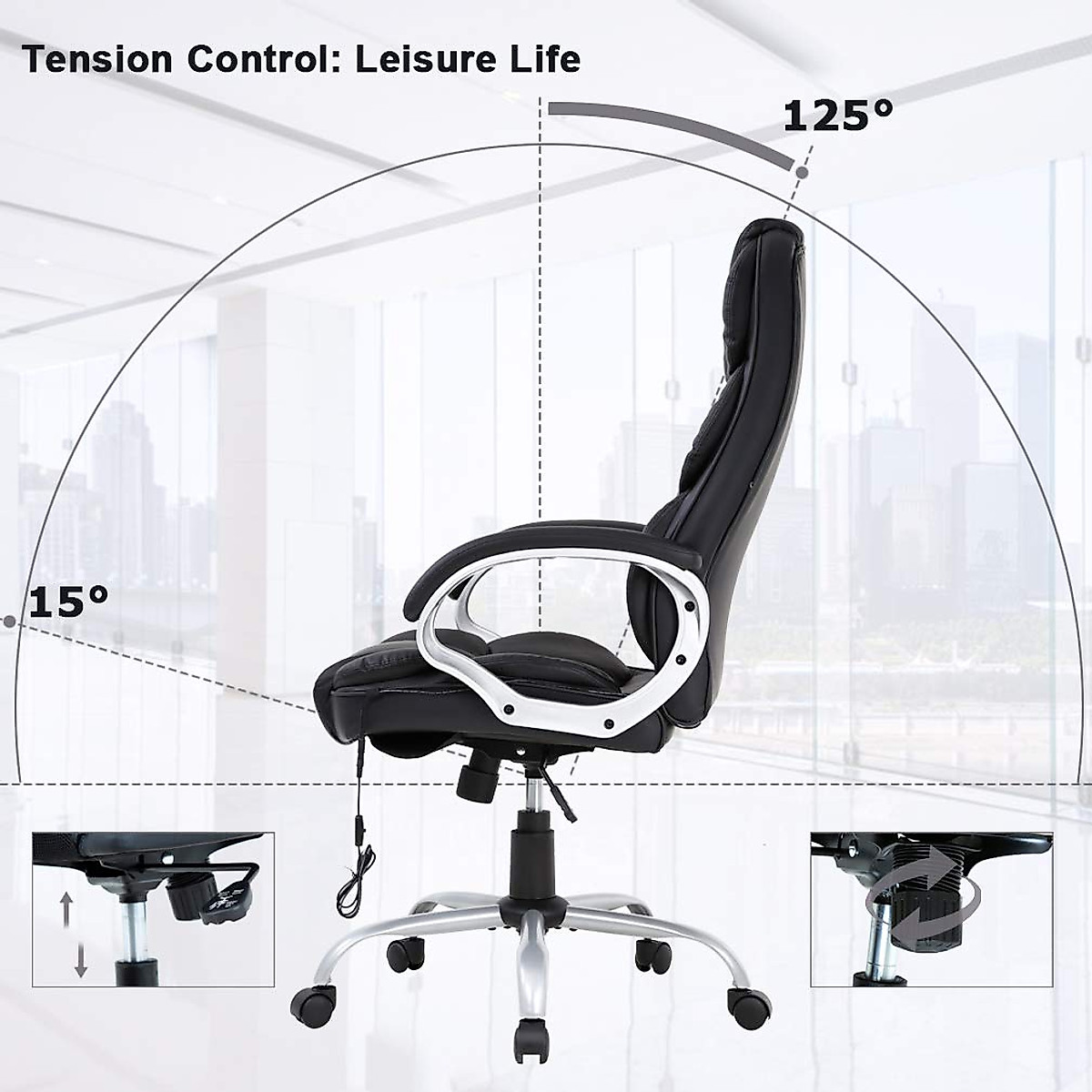 Home Office Chair Massage Desk Chair Ergonomic Computer Chair with Lumbar Support Headrest Armrest High Back Task Chair Rolling Swivel PU Leather Executive Chair for Women Adults, Black