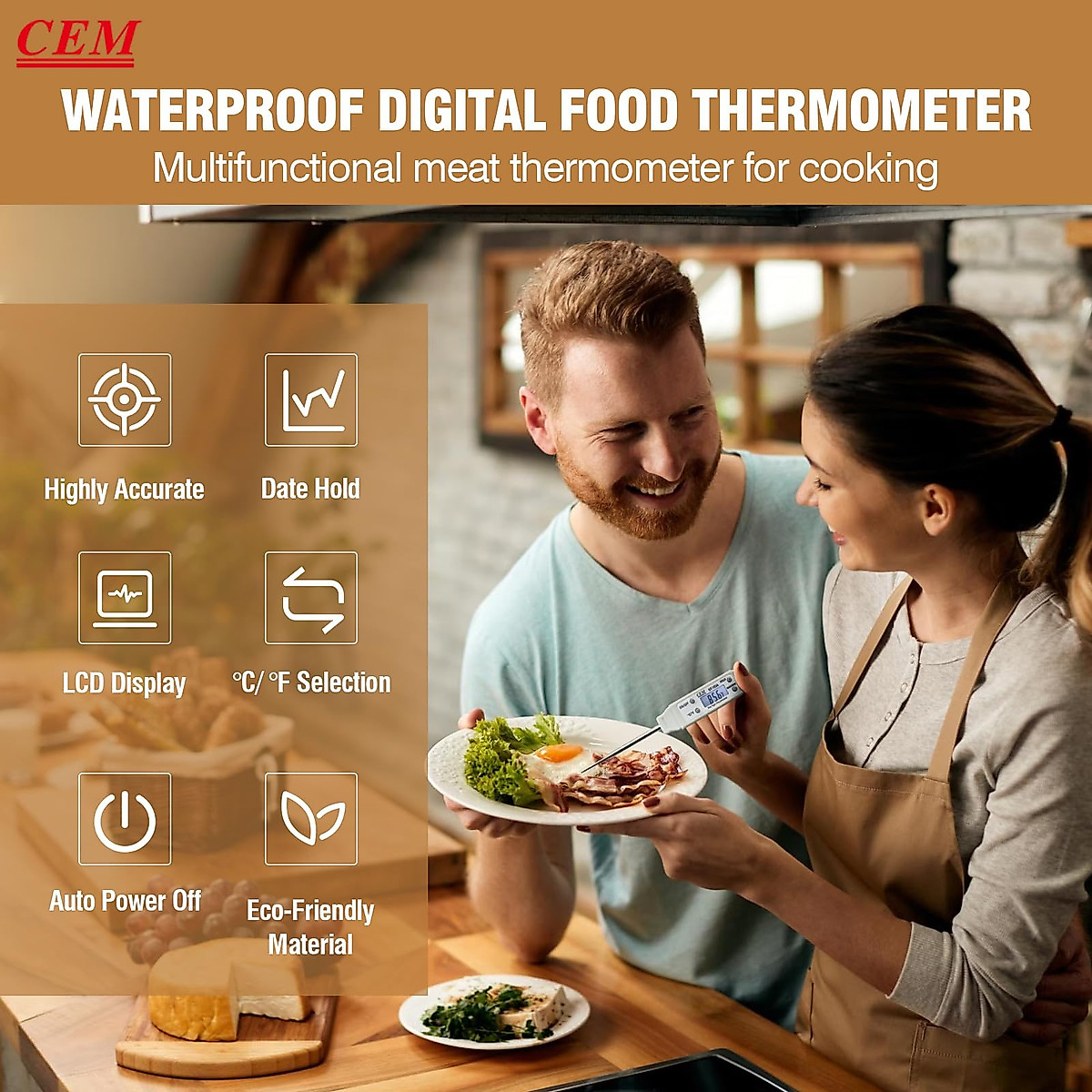 CEM Instant Read Digital Meat Thermometer for Food, Bread Baking, Water and Liquid. Waterproof and Long Probe with Meat Temp Guide for Cooking, Display with Backlit (White), DT-133A