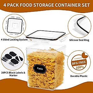 HKJ Chef 4 Pack Large Airtight Food Storage Containers with Lids (5.2L / 176oz), BPA Free Plastic Kitchen and Pantry Organization Contianers for Cereal Flour and Sugar Storage - Labels & Marker
