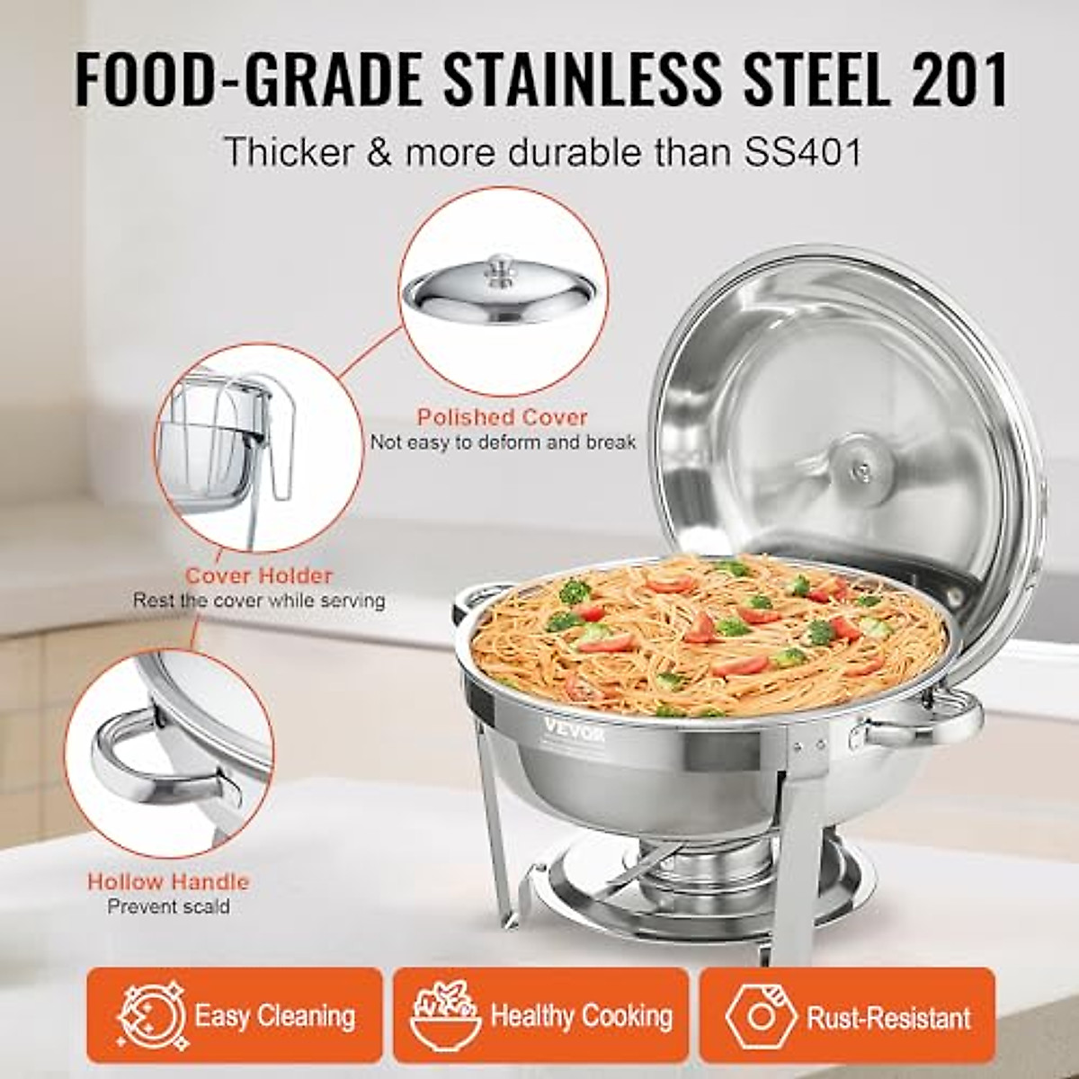 VEVOR Chafing Dish Buffet Set, 6 Qt 4 Pack, Stainless Steel Chafer with Full Size Pan, Round Catering Warmer Server with Lid Water Pan Stand Fuel Holder Cover Holder Spoon, for at Least 6 People Each