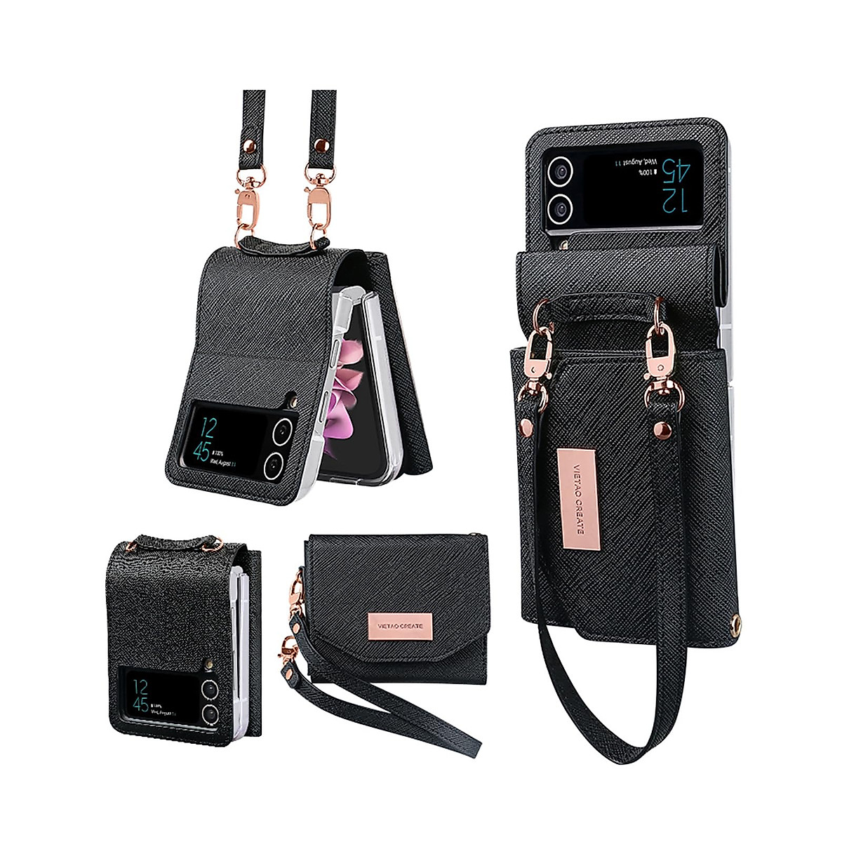 XIMAND for Samsung Galaxy Z Flip 3 Wallet Case with Built-in Leather Cash Slot and Credit Card Holder. Wristlet Strap and Hinge Protection, Carrying Handbag Phone Case for Women Ladies.(Black)