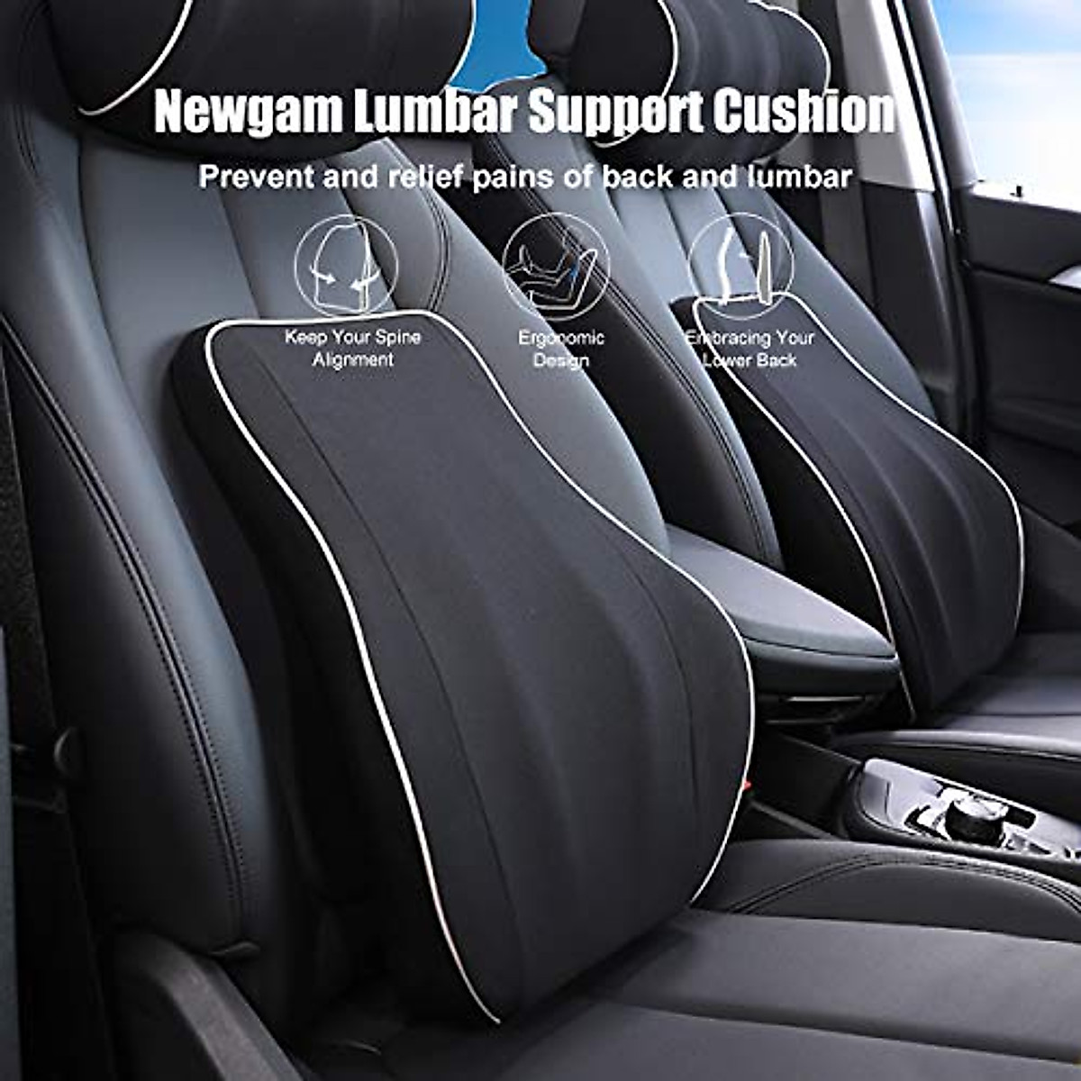 Newgam Lumbar Support Pillow/Back Cushion,Memory Foam Orthopedic Backrest with Breathable 3D Mesh for Car Seat,Office/Computer Chair,Wheelchair and Recliner,Ergonomic Design for Back Pain Relief-Black