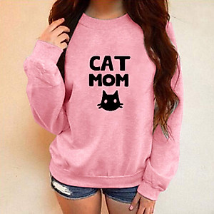 Sweatshirts for Women, FAPIZI Women Fashion Letter Cat Printed Crew Neck Pullover Casual Long Sleeve Solid Color Tops