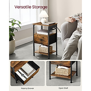 VASAGLE Nightstand with Charging Station, Night Stand, Side Table with 1 Drawer and 2 Open Shelves, Fabric Drawers with MDF Front, End Table, Rustic Brown and Classic Black ULGS026K01