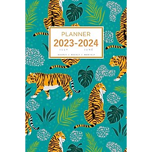 Planner July 2023-2024 June: 6x9 Medium Notebook Organizer with Hourly Time Slots | Tiger Tropical Leaf Design Teal