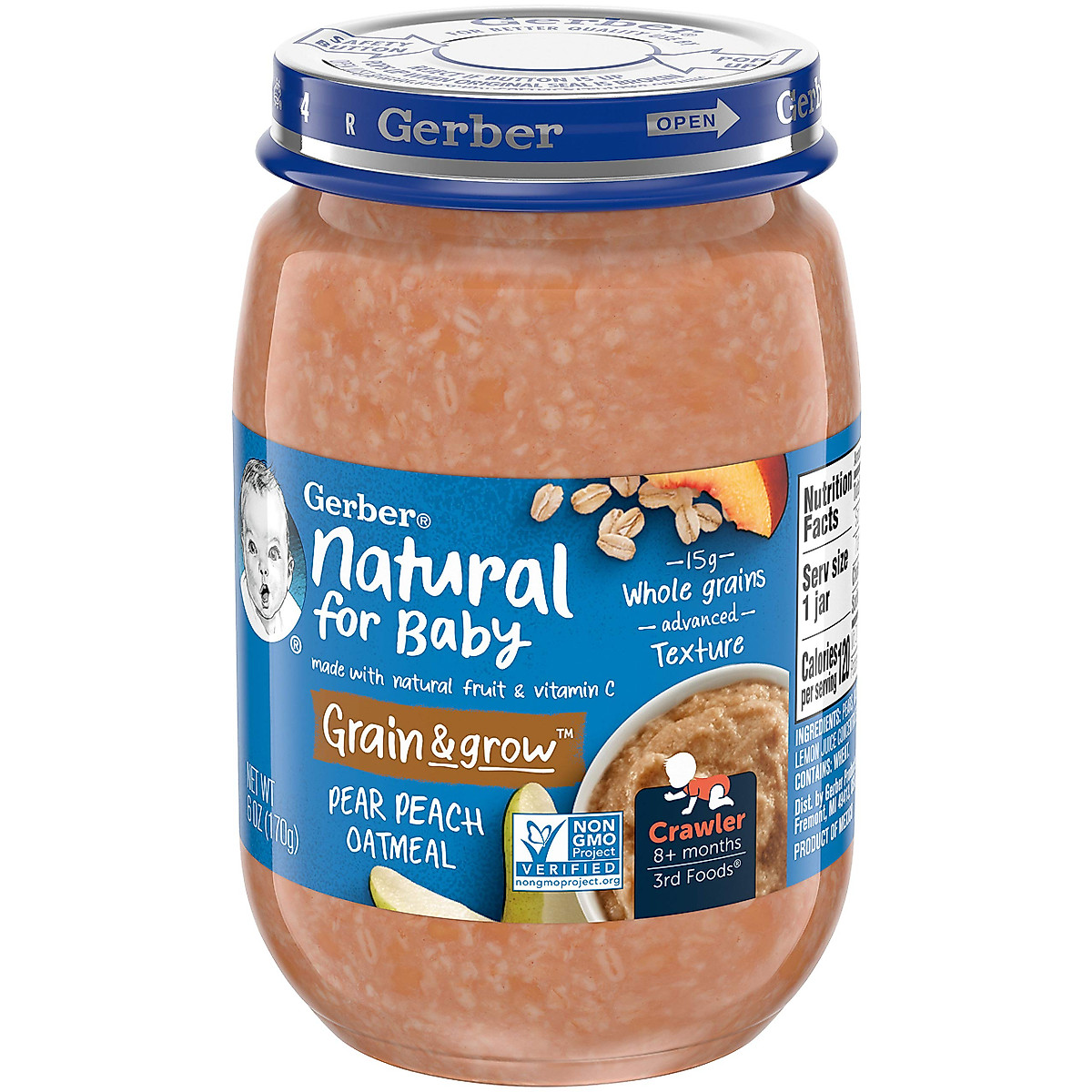 Gerber 3rd Foods Natural for Baby Grain & Grow Baby Food Jar, Pear Peach Oatmeal, Made with Natural Fruit & Vitamin C with Advanced Texture, 6 OZ Glass Jar (Pack of 12)
