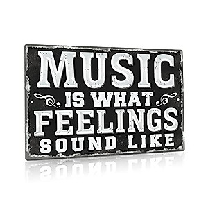 Putuo Decor Metal Vintage Music Sign, Retro Wall Decor for Coffee Bar, Man Cave, Garage, 12x8 Inches Aluminum Sign (Music Is What Feelings Sound Like)