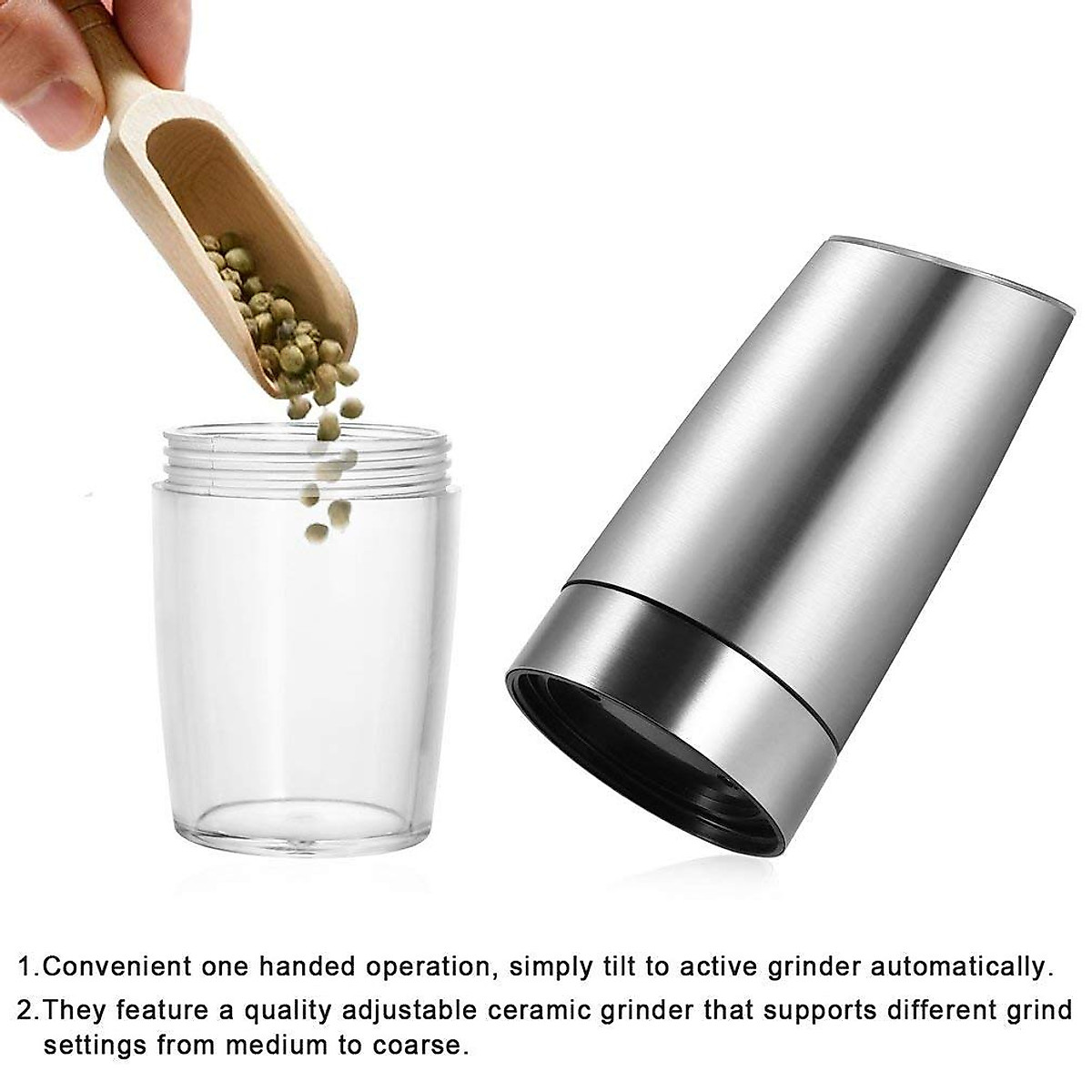 Gravity Electric Pepper Grinder, Salt and Pepper Mill & Adjustable Coarseness, Battery Powered with LED Light, One Hand Automatic Operation, Stainless Steel (Single/Silver)