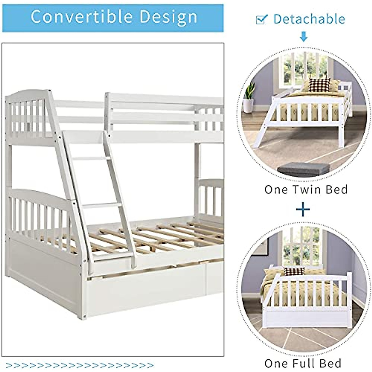 ATH-S Twin Over Twin Bunk Bed for Boys Girls Teens Adults, Solid Wood Bunk Bed Frame with Trundle and Drawers, No Box Spring Needed, White (Color : White with Drawers, Size : Twin Over Full)