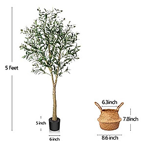 Ferrgoal Artificial Olive Trees 5Ft Fake Olive plant with Basket Faux Plants Indoor Outdoor Fake Tree in pot Slik Plants for Home Decor Office Living Room Perfect Housewarming Gift Green 1Pack
