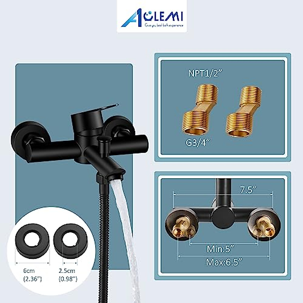 Aolemi Matte Black Wall Mount Bathtub Faucet with Handheld Sprayer Single Handle Shower Mixer Tap 6 Inch Center Bathroom Tub Faucet Stainless Steel SUS304