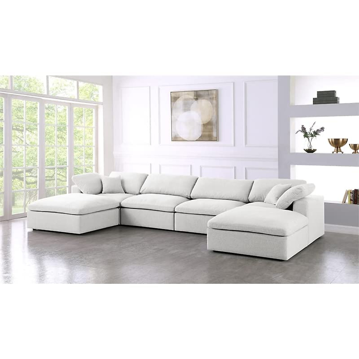 Meridian Furniture Serene Collection Modern | Contemporary Deluxe Cloud-Like Comfort Modular Sectional, Soft Linen Textured Fabric, Down Cushions, 2 Corner + 2 Armless, Cream