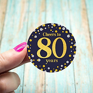 Black and Gold Cheers to 80 Years Sticker Labels - 80th Birthday Party Favor Stickers - 2 in - 50 Count