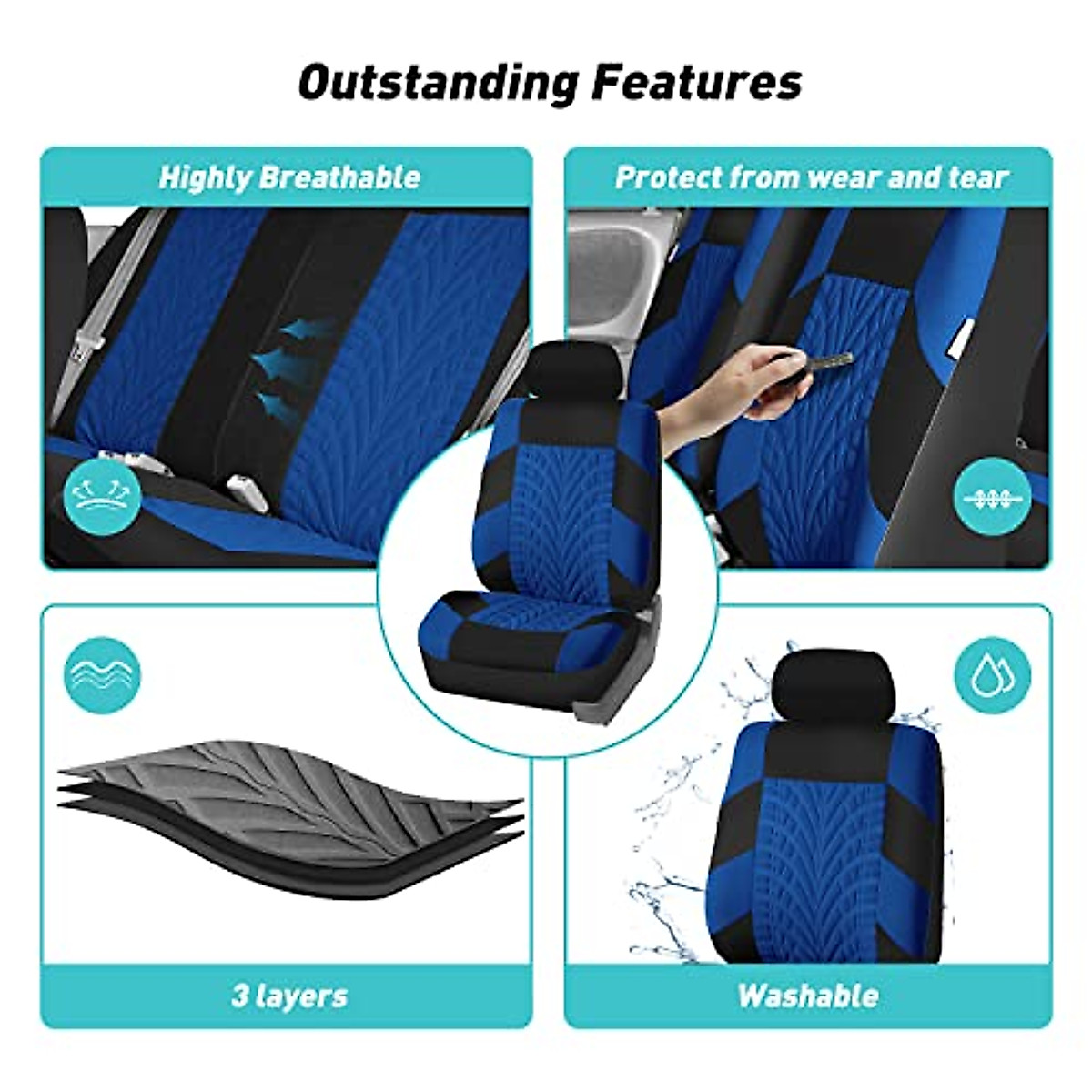 FH Group Car Seat Covers Full Set Premium Cloth - Universal Fit, Automotive Seat Cover, Low Back Front Seat Covers, Airbag Compatible, Split Bench Rear Seat, Washable Seat Cover for SUV, Sedan Blue