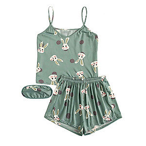 SheIn Women's Cute Cartoon Print Cami Top and Shorts Pajama Set with Eye Mask Green Rabbit Medium