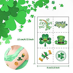 16 Sheets St Patrick's Day Tattoos for Kids, 96 Pieces Glitter Temporary Tattoos Green Shamrock Hat Irish Pattern Stickers for Face Body St Patricks Day Decorations Party Favors
