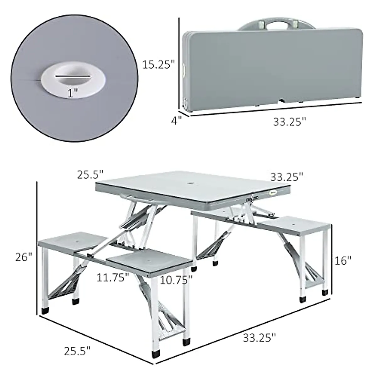 Outsunny Portable Foldable Camping Picnic Table Set with Four Chairs and Umbrella Hole, 4-Seats Aluminum Fold Up Travel Picnic Table, Grey