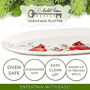 AuldHome Cardinal Ceramic Christmas Platter; Oval Holiday Serving Plate and Tray