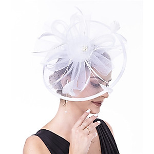 Fascinator Women's Organza Church Kentucky Derby British Bridal Tea Party Wedding Hat Summer Ruffle Hat(Hj6-White)