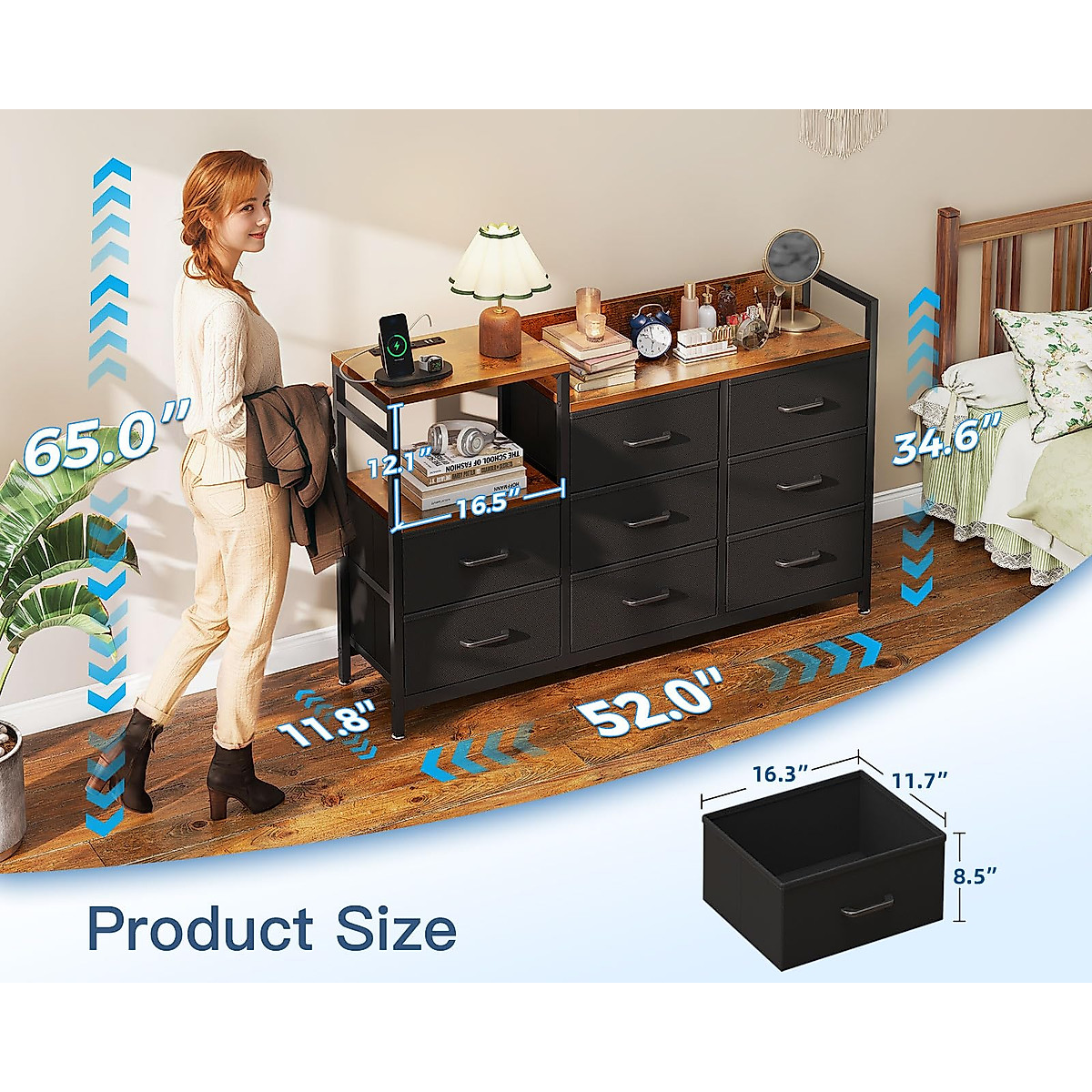 Casaottima Dresser for Bedroom with Charging Station, 52" Long Dresser with 8 Storage Drawers, Large Fabric Dressers Chests of Drawers with Shelves, Black and Vintage