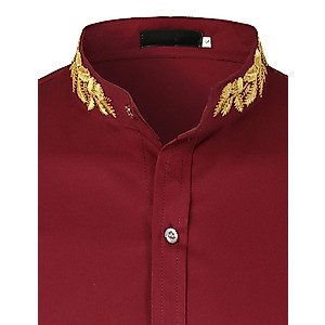 ZEROYAA Mens Hipster Gold Embroidery Mandarin Collar Slim Fit Long Sleeve Casual Dress Shirts Z52 Wine Red XX-Large